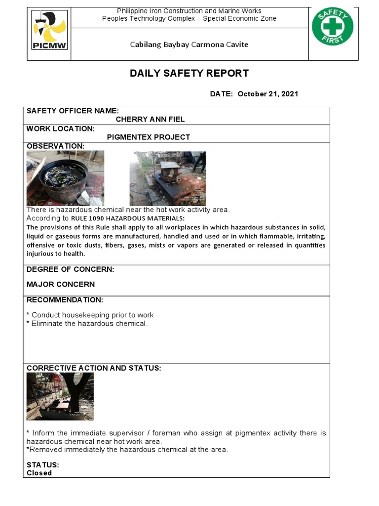 Daily Safety Report | PDF | Dangerous Goods | Workplace