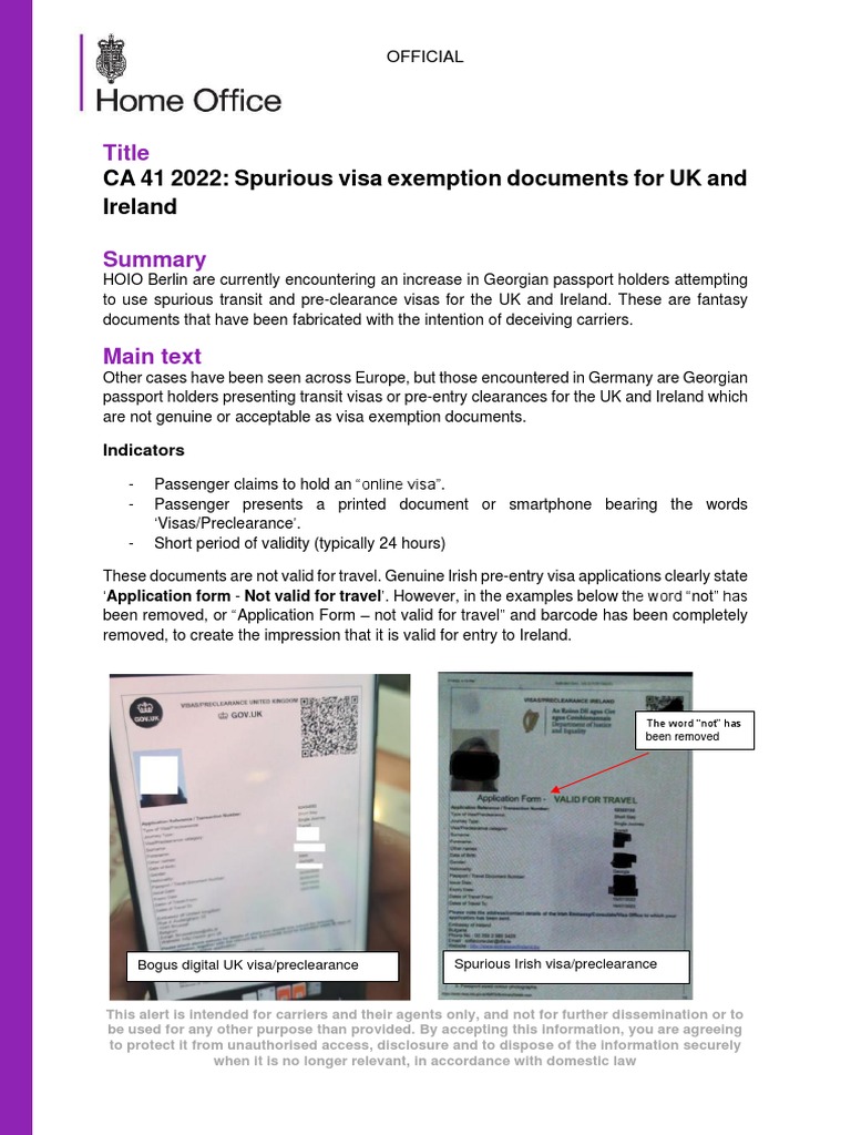 CA 41 22 Spurious Visa Exemption Documents For UK and Ireland | PDF ...