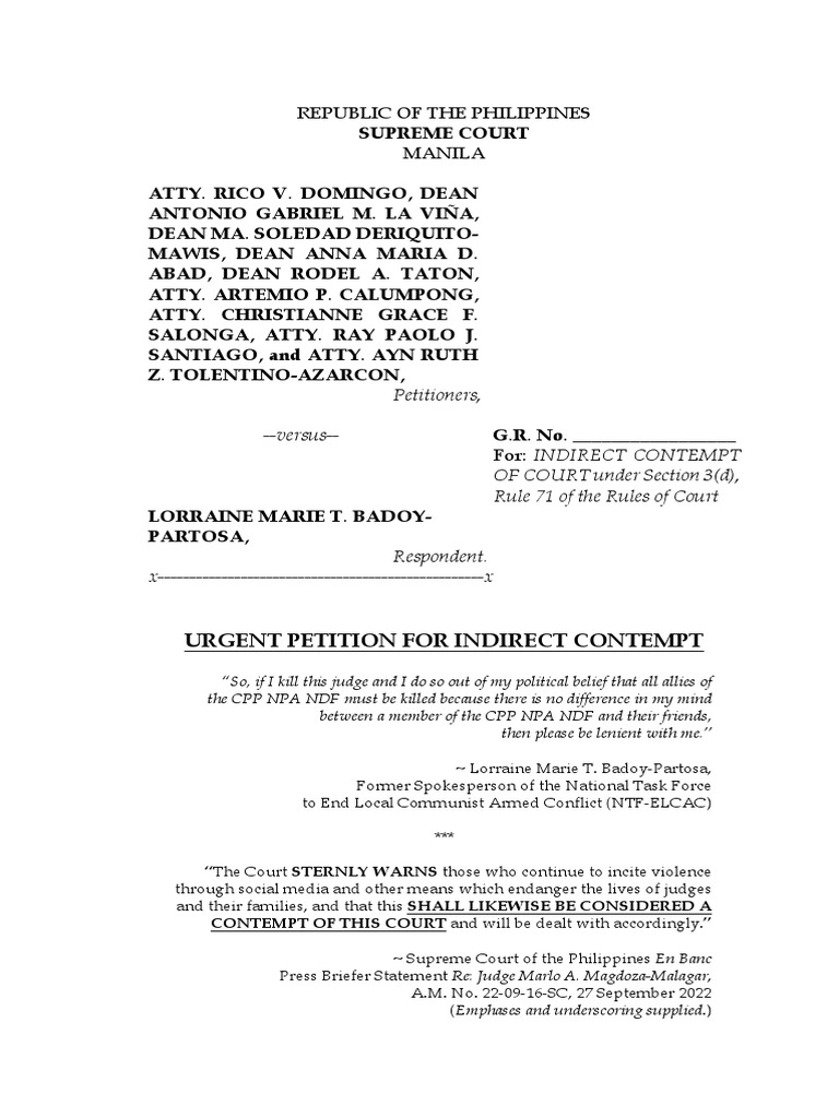 Petition For Indirect Contempt vs. Lorraine Badoy-Partosa | PDF | Contempt Of Court | Judge