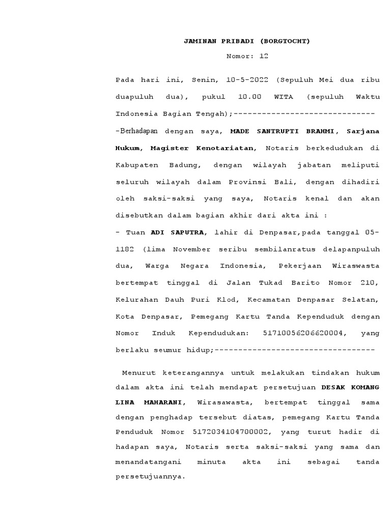 Format Akta Jaminan Pribadi (Brogtocht) Edit | PDF