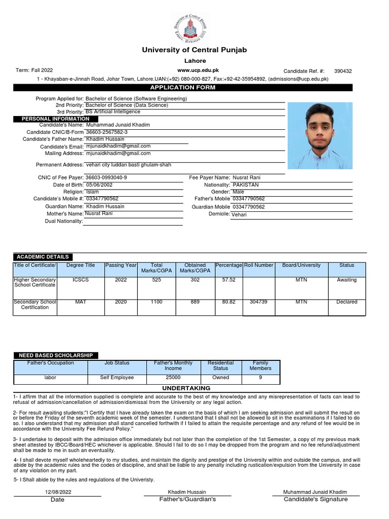 Application for Bachelor of Science Programs at the University of Central Punjab: Personal ...