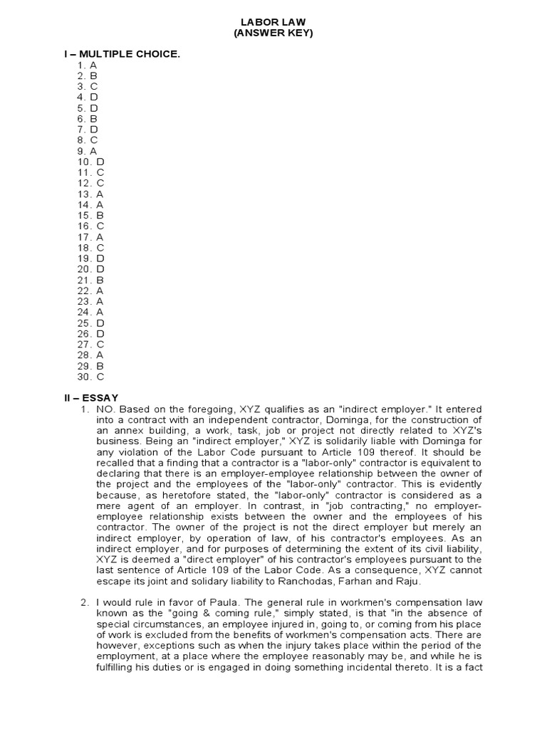 Labor Law Answer Key | PDF