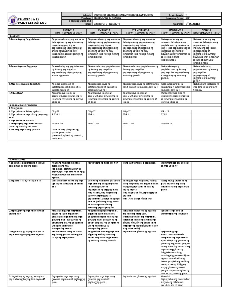 Grade 5 Daily Lesson Plan Esp 5 q1 Week 7 | PDF Grade 5 Daily Lesson Plan Esp 5 q1 Week 7 | PDF