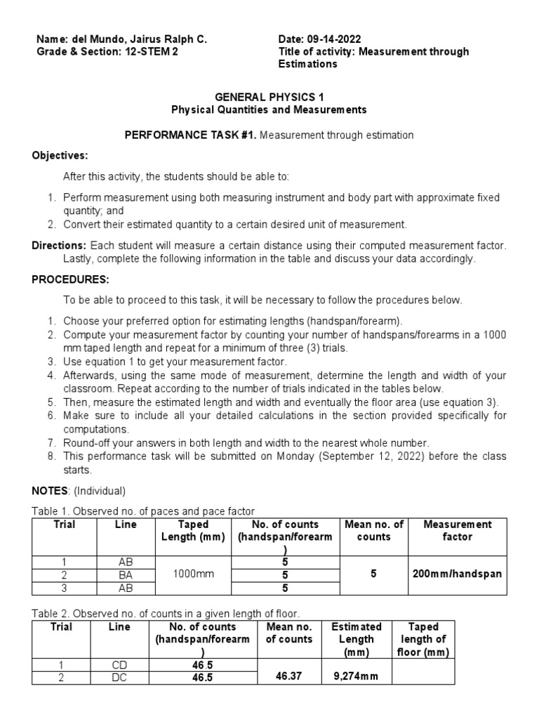 GP1 W1 Measurement and Conversion of Units PerformanceTask | PDF