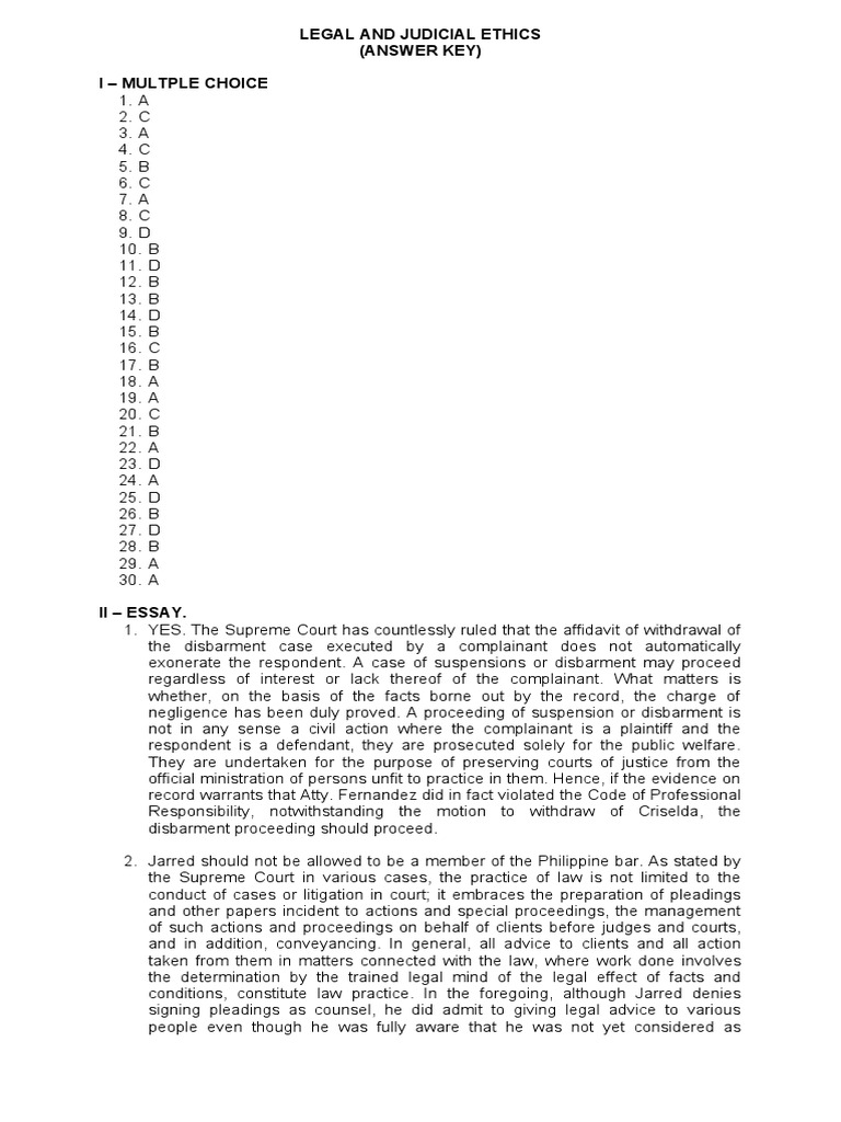 Legal and Judicial Ethics Answer Key | PDF | Lawyer | Practice Of Law