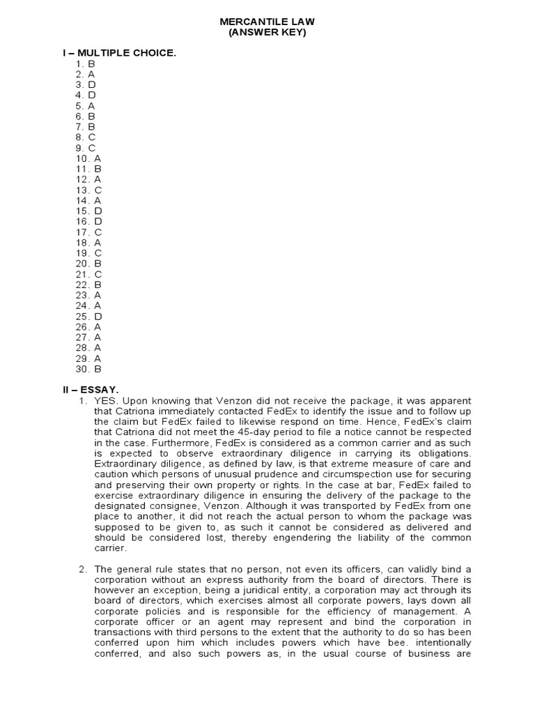 Mercantile Law Answer Key | PDF | Fed Ex | Board Of Directors