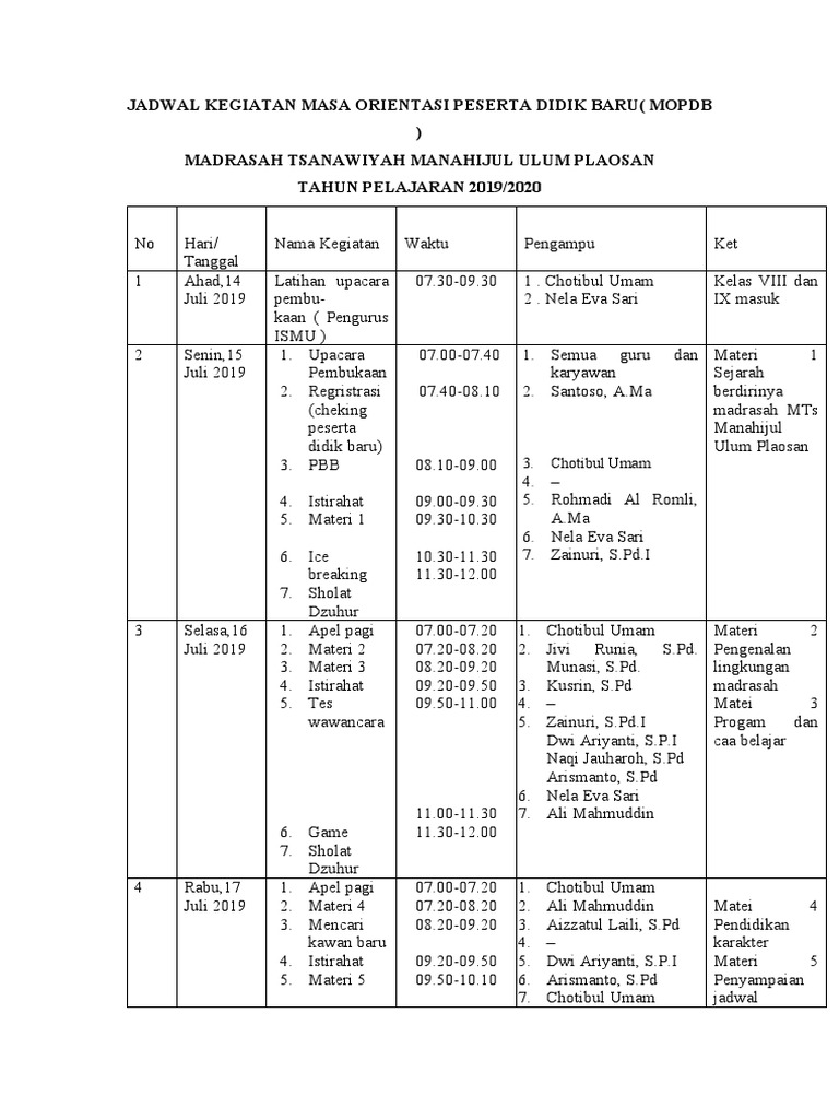 Jadwal Kegiatan Masa Orientasi Peserta Didik Baru | PDF