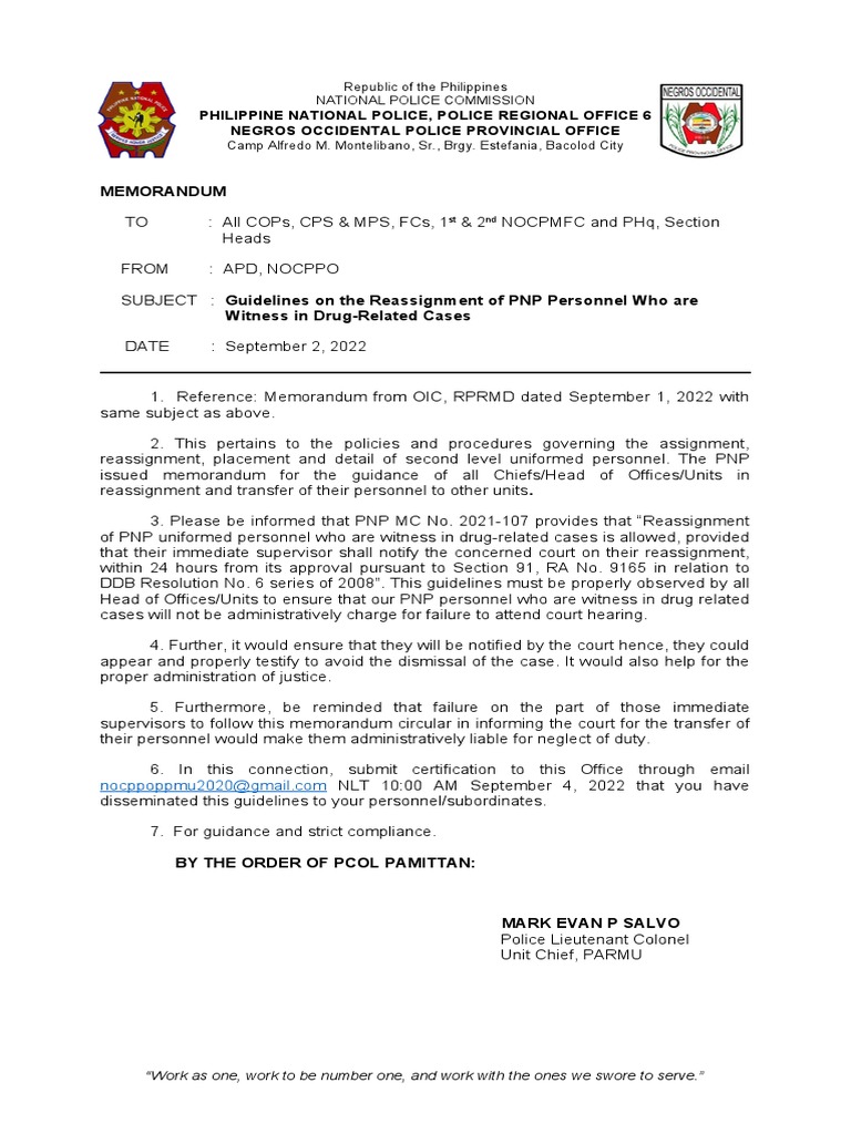 Guidelines in The Reassignment of PNP Personnel Who Are Witness in Drug ...
