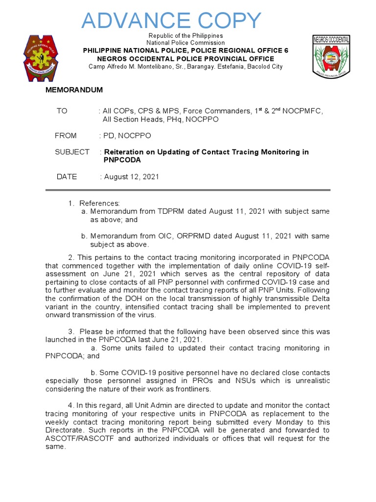 Reiteration On Updating of Contact Tracing Monitoring in PNPCODA | PDF | Government