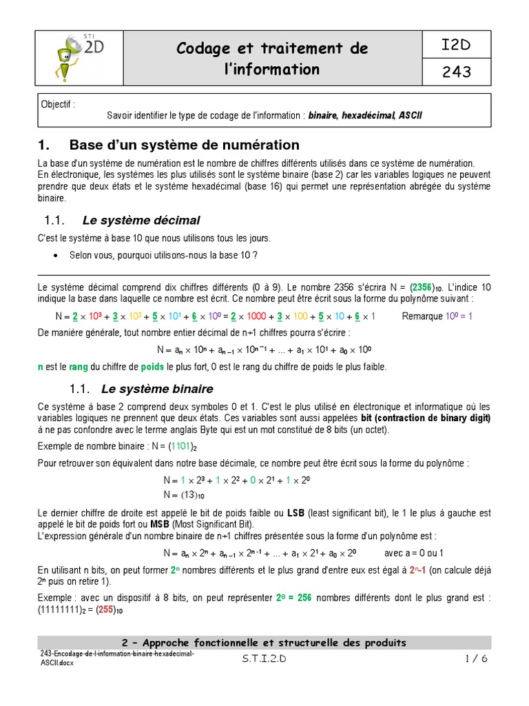 243 Encodage de L Information Binaire Hexadecimal ASCII | PDF ...