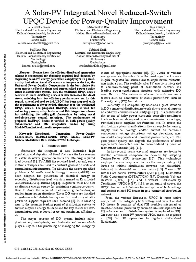 A Solar-PV Integrated Novel Reduced-Switch UPQC Device For Power-Quality Improvement | PDF ...