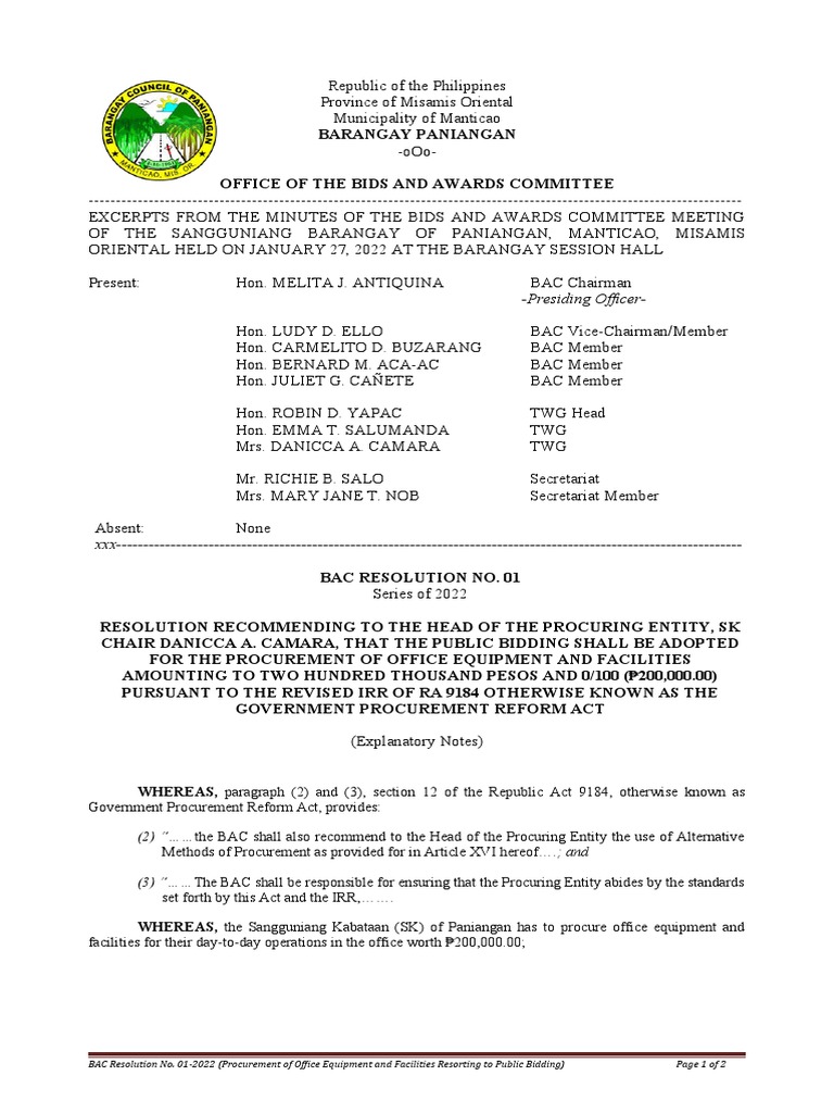 BAC Resolution for Office Equipment Procurement | PDF | Public Law ...
