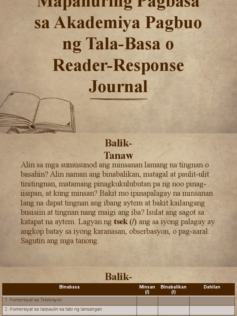 Aralin 3 Mapanuring Pagbasa sa Akademiya Pagbuo ng Tala-Basa o Reader-Response Journal | PDF
