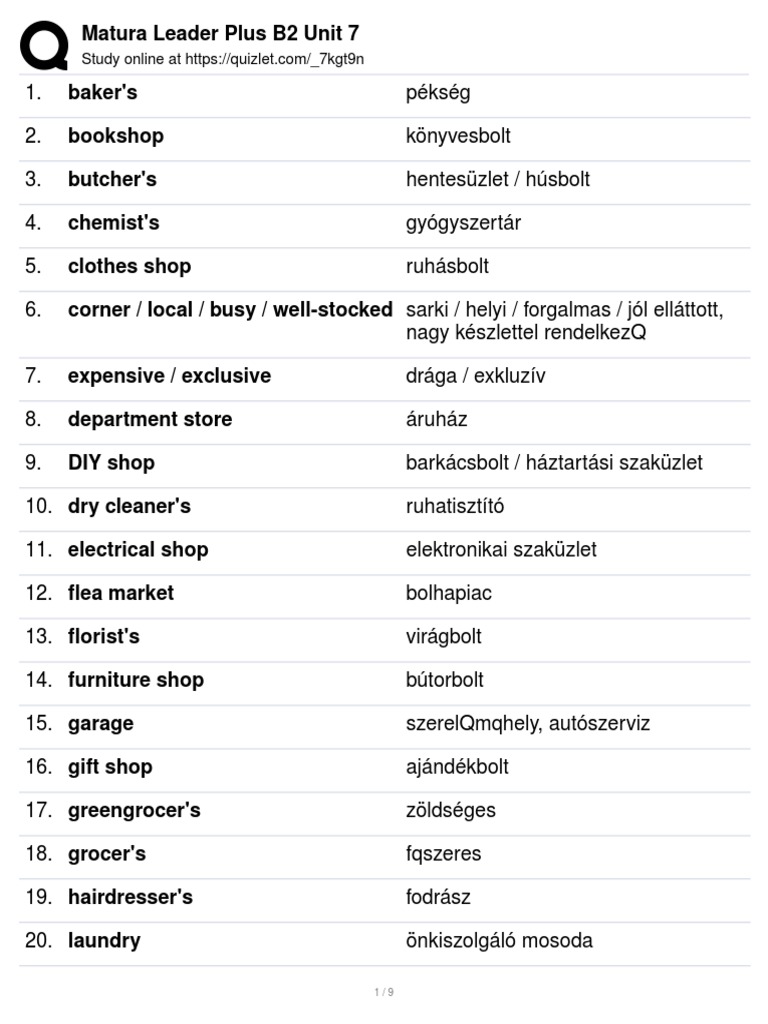 Matura Leader Plus Unit 7 Szokincsek | PDF