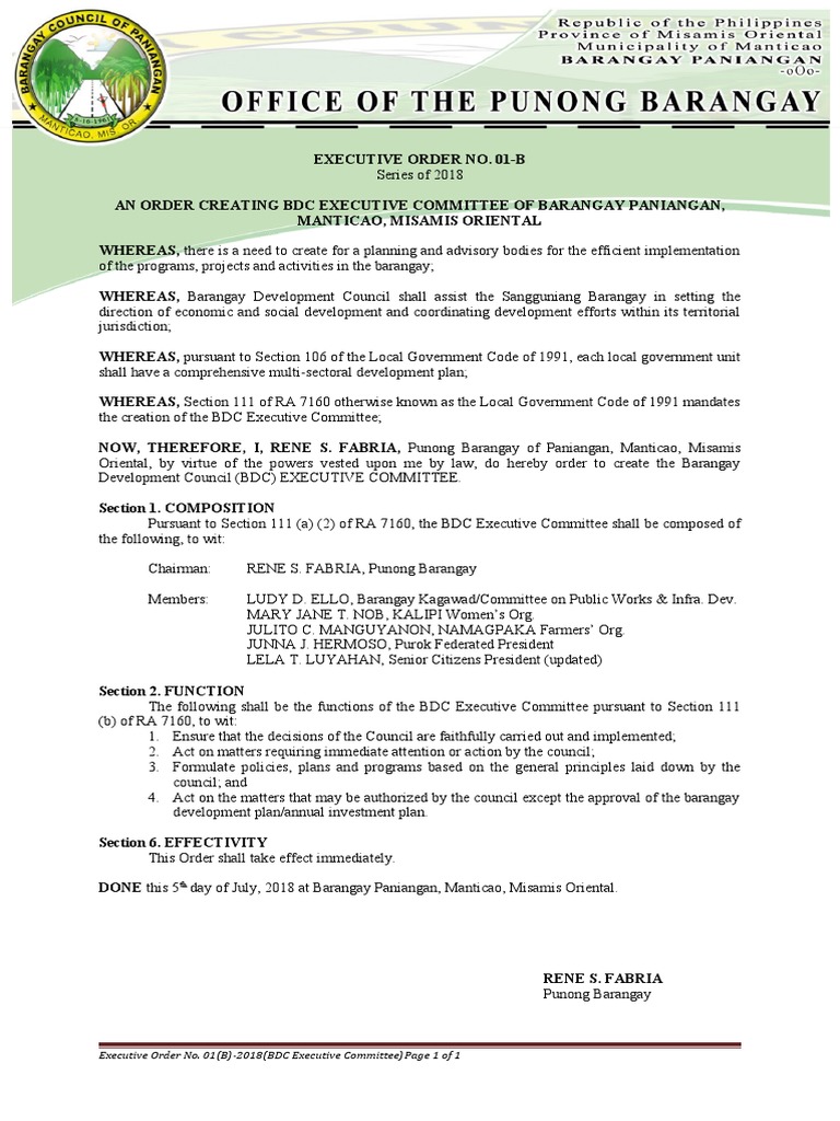 EO NO. 01 (B) - 2018 (BDC-Execom) Updated | PDF | Governance | Public Law