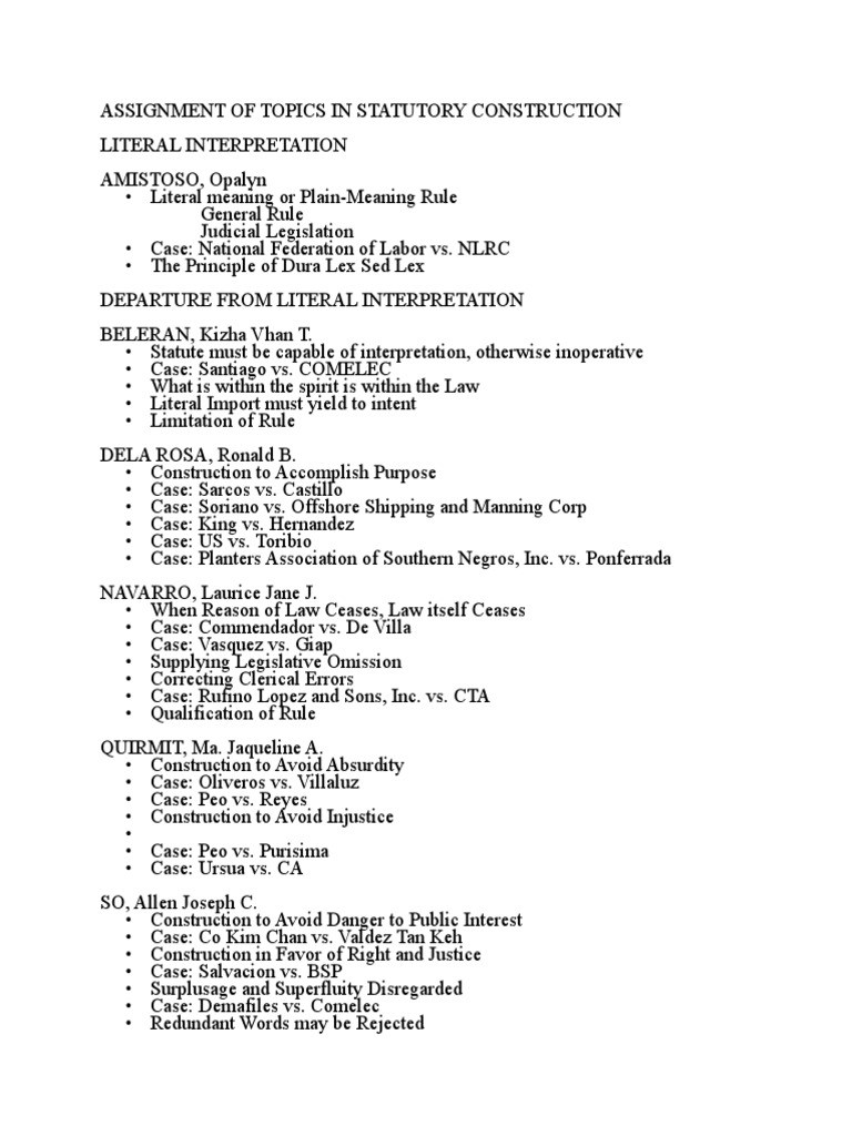Assignment of Topics in Statutory Construction | PDF | Statutory ...