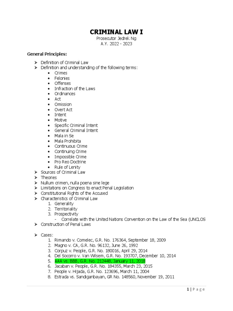 Criminal Law 1 Course Syllabus | PDF | Criminal Law | Crime & Violence