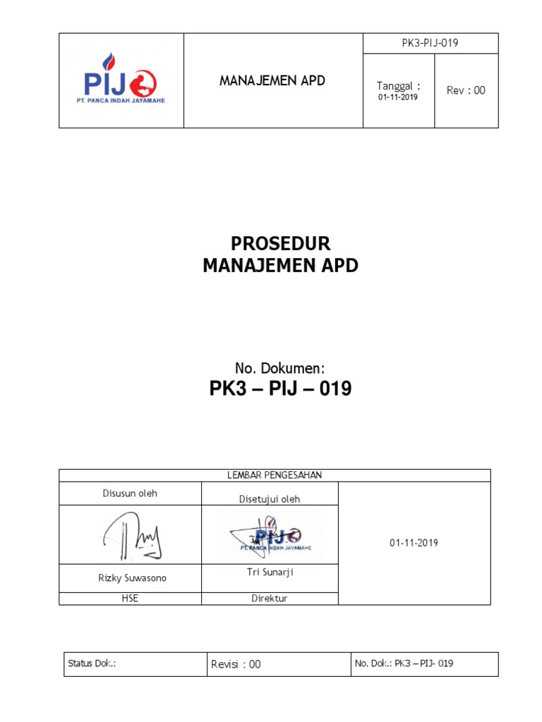 PK3 - PIJ - 019 (Prosedur Manajemen APD) | PDF