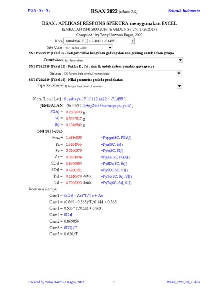 RSAX2022 (Release 2.0) (Aplikasi Response Spektra Dengan Macro Excel) | PDF