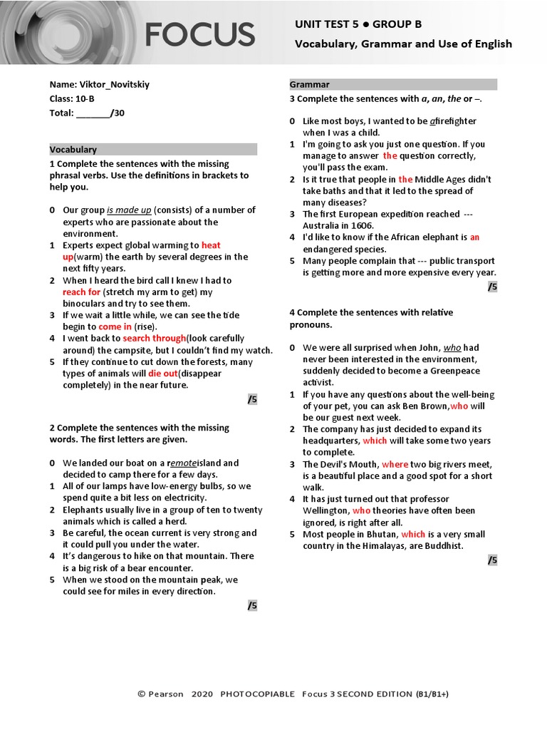 Focus3 2E Unit Test Vocabulary Grammar UoE Unit5 GroupB | PDF | Nature ...