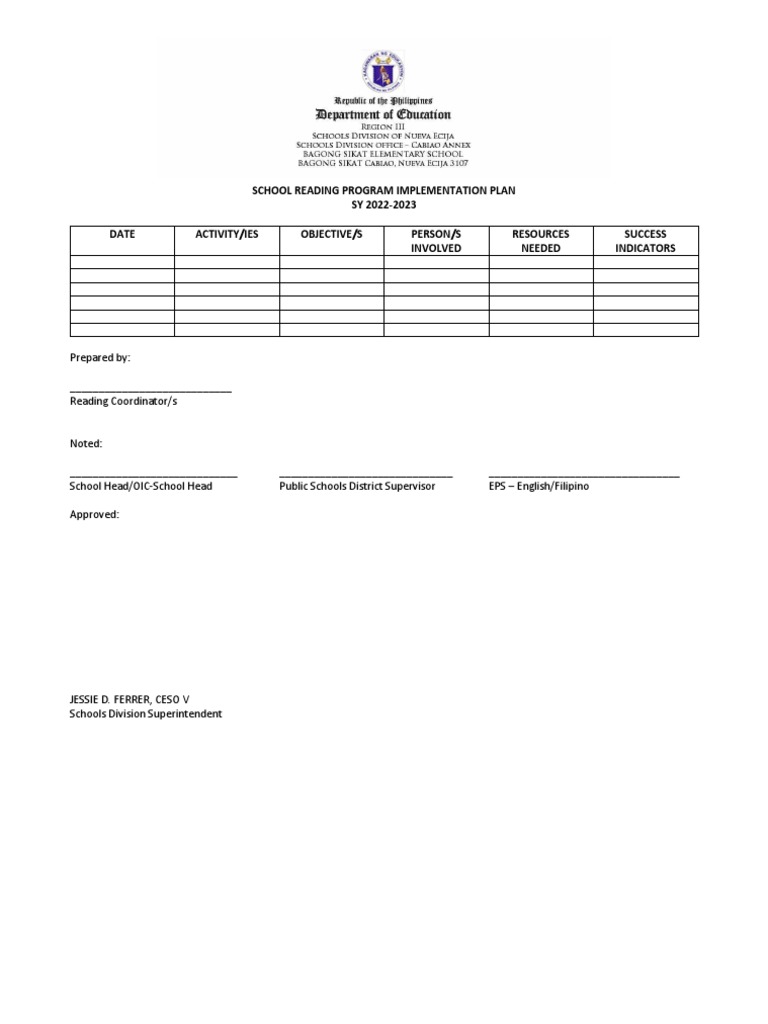 School Reading Program Implementation Plan | PDF