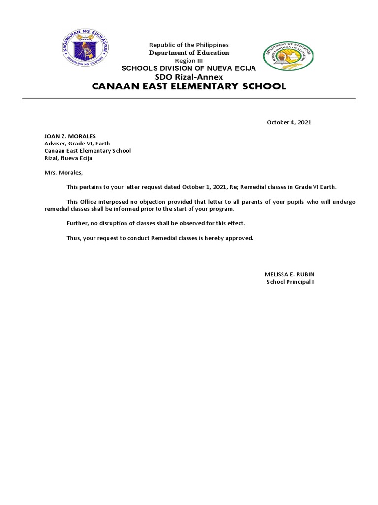 Canaan East Letter For Remedial Reading | PDF | Philippines