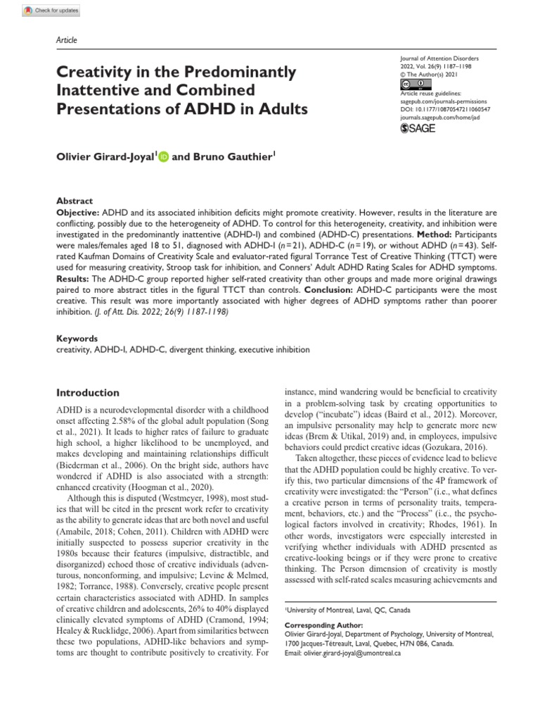 Creativity in The Predominantly Inattentive and Combined Presentations of ADHD in Adults | PDF ...