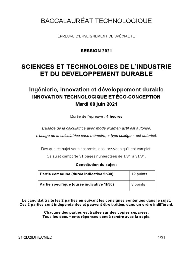 Sti2d Juin 2021 Itec | PDF | Cogénération