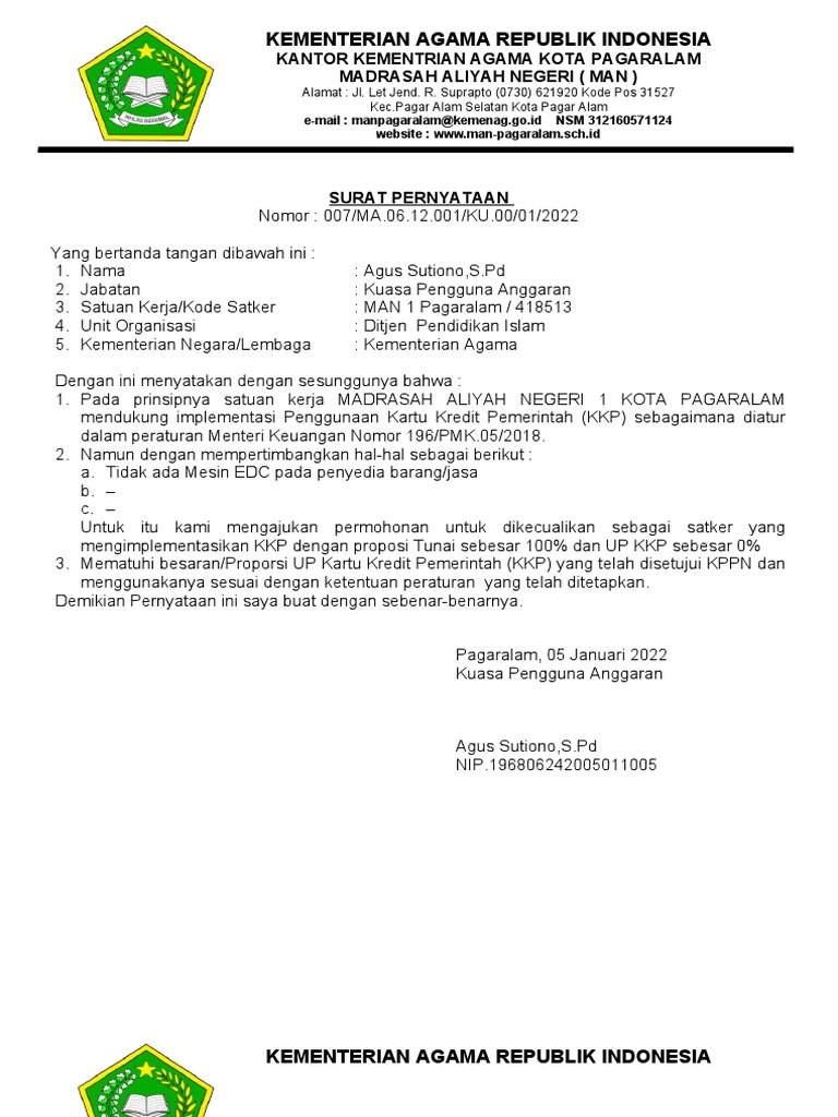 Surat Pernyataan Up Dan Up KKP | PDF