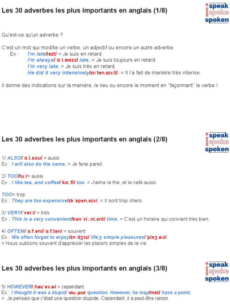 Les 30 Adverbes Les Plus Importants en Anglais | PDF