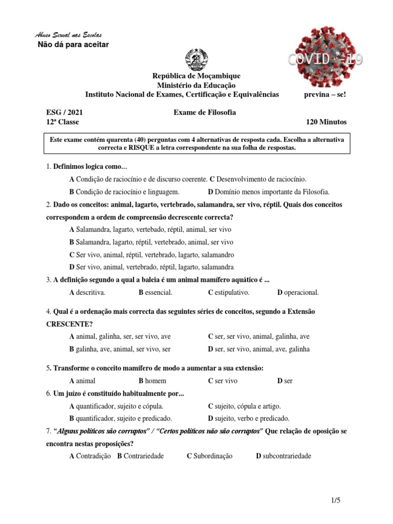 Exame de Filosofia 12 Classe 2021 | PDF | Filosofia