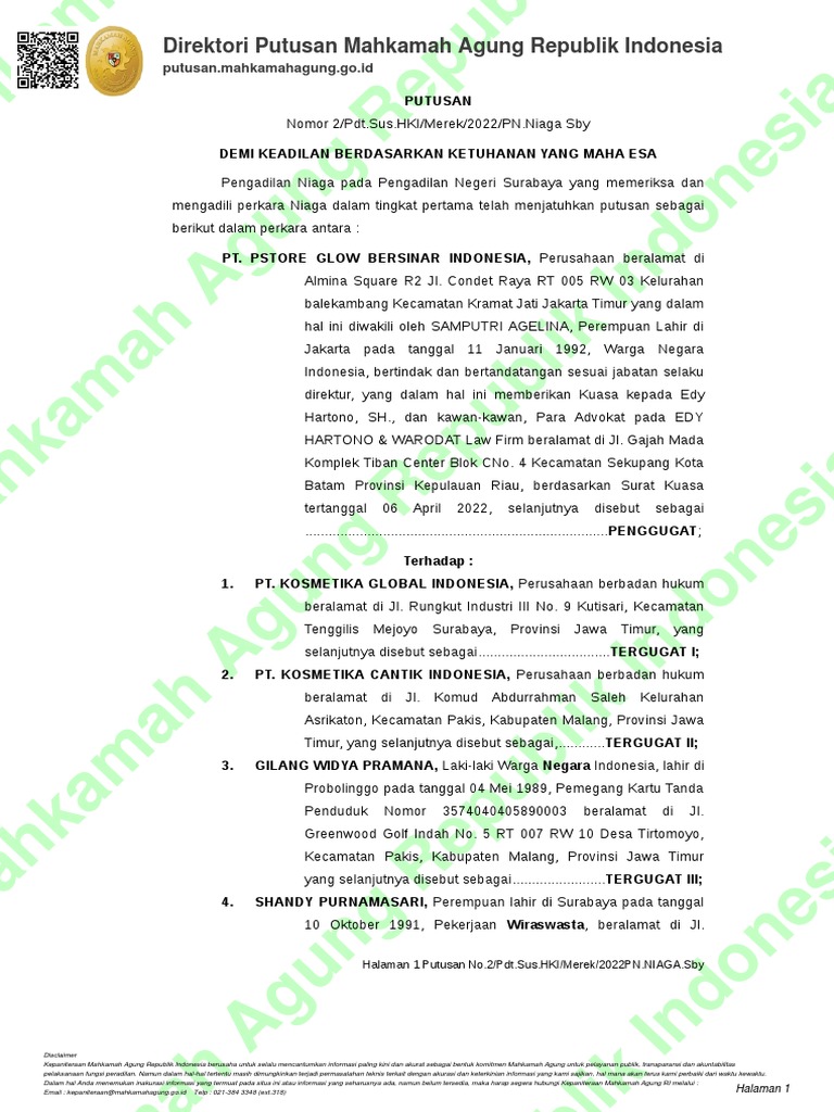 Putusan 2 PDT - Sus-Hki Merek 2022 PN Niaga Sby 20220718182424 | PDF