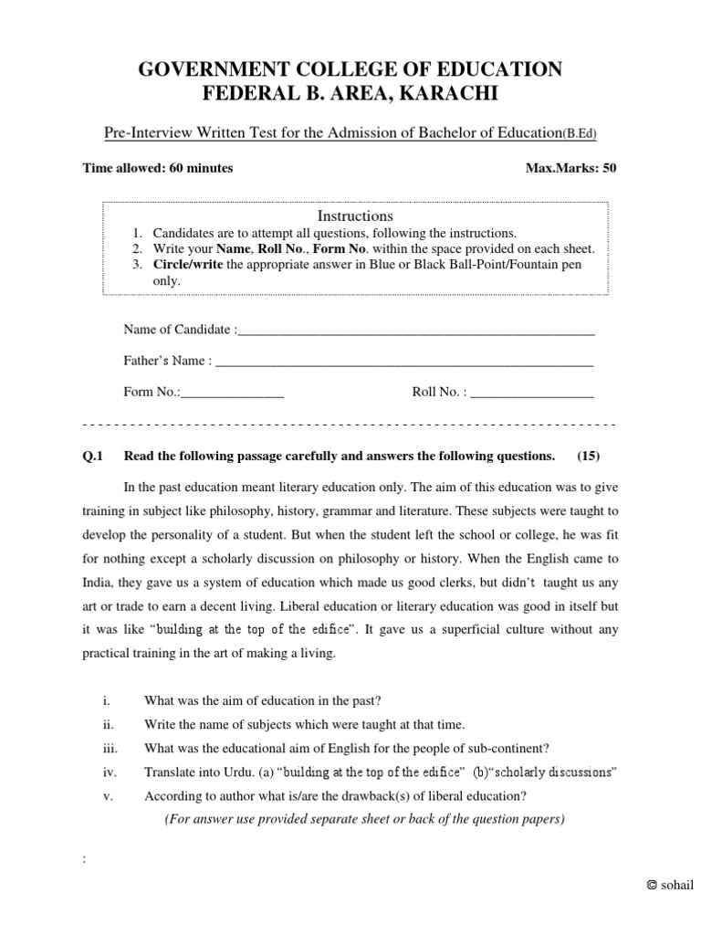 Sample Admission Test B.Ed - Govt College of Education Karachi | PDF ...