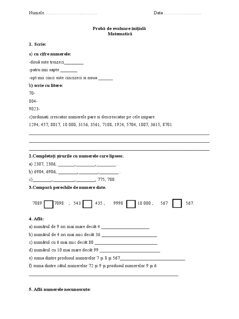 Proba de Ev. Initiala Matematica Clasa A Iva | PDF