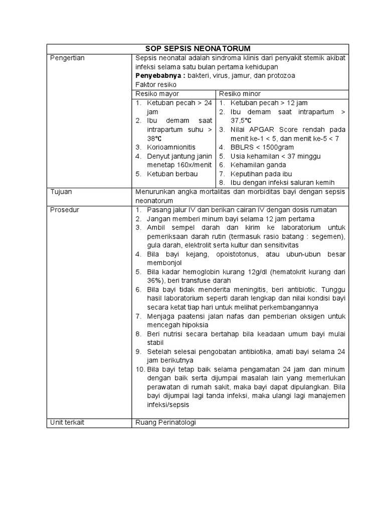 Sop Sepsis Neonatorum | PDF