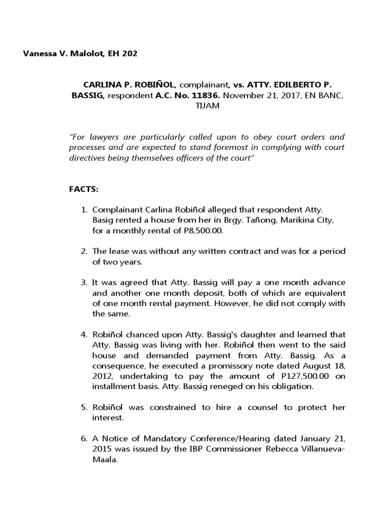Robiñol v. Bassig Digest | PDF | Lawyer | Brief (Law)