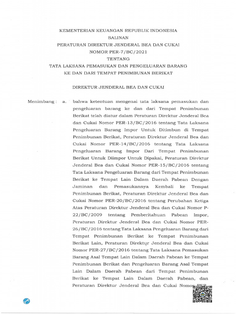 Per 7 BC 2021 Tatalaksana Pemasukan Dan Pengeluaran Dari TPB | PDF