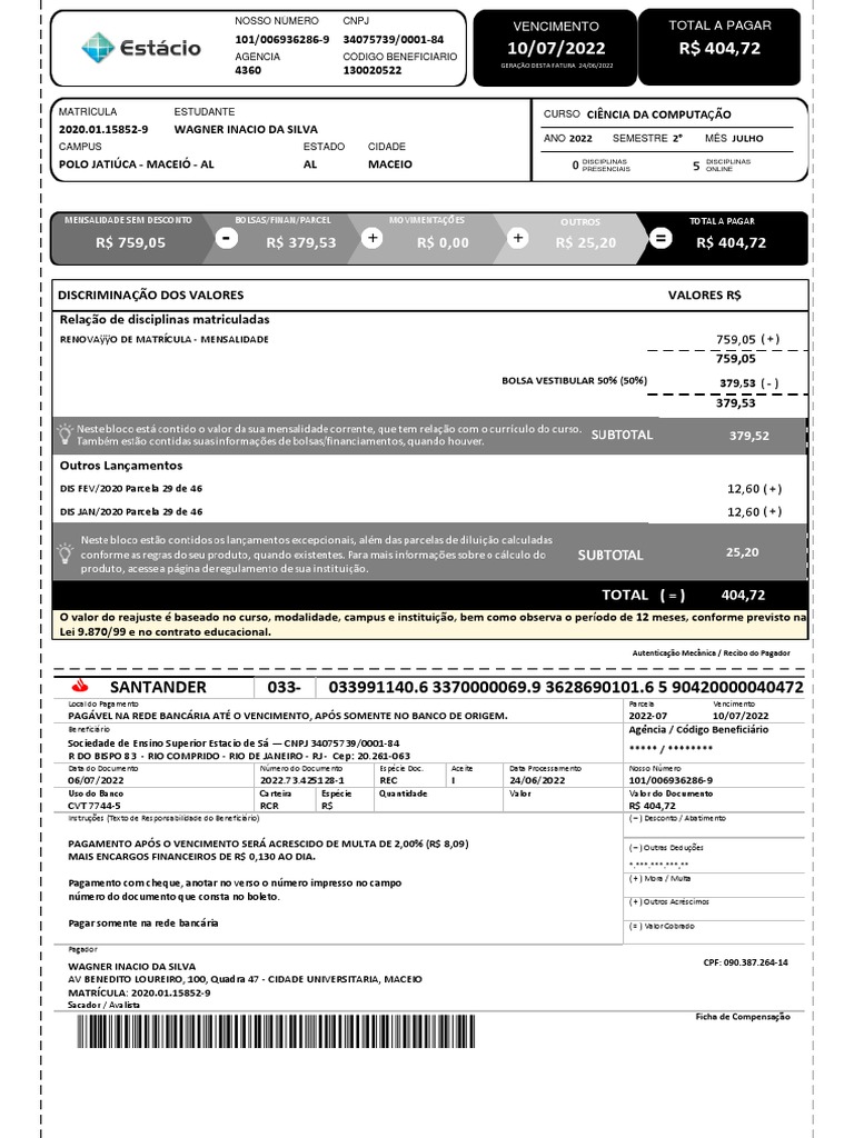 Boleto bancário referente à mensalidade do curso de Ciência da ...