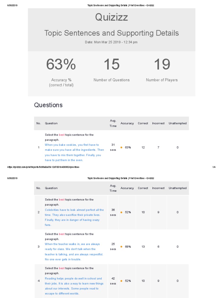 Topic Sentences and Supporting Details - Print Questions - Quizizz | PDF