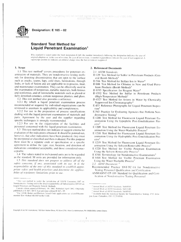 Astm E165 02 Test Method For Liquid Penetrant Examination Pdf