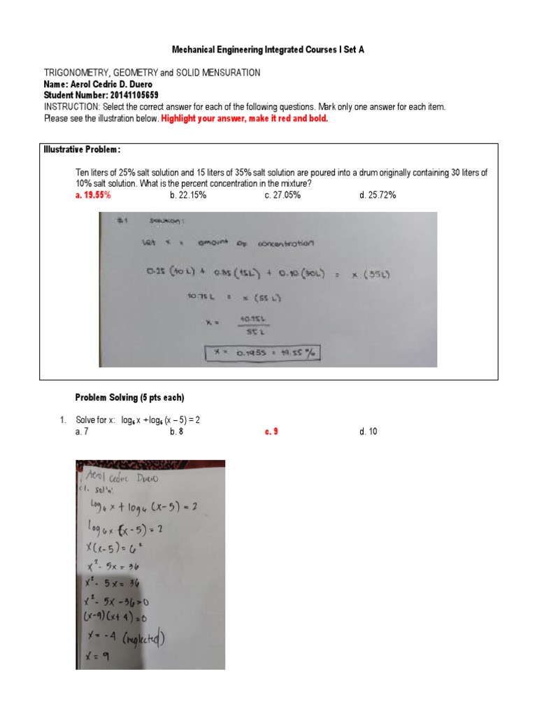 Exam 2 Q Trigo, Plane Geometry and Solid Mensuaration - Duero, Aerol Cedric D | PDF | Triangle ...
