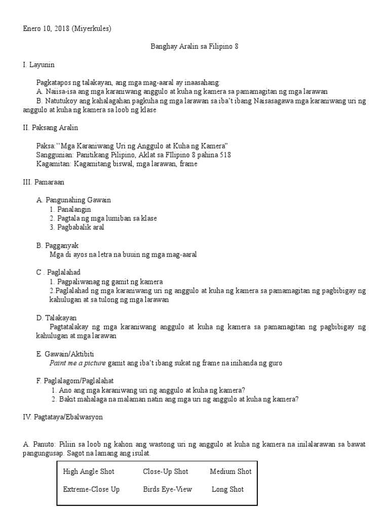 Banghay Aralin Sa Filipino 8 | PDF