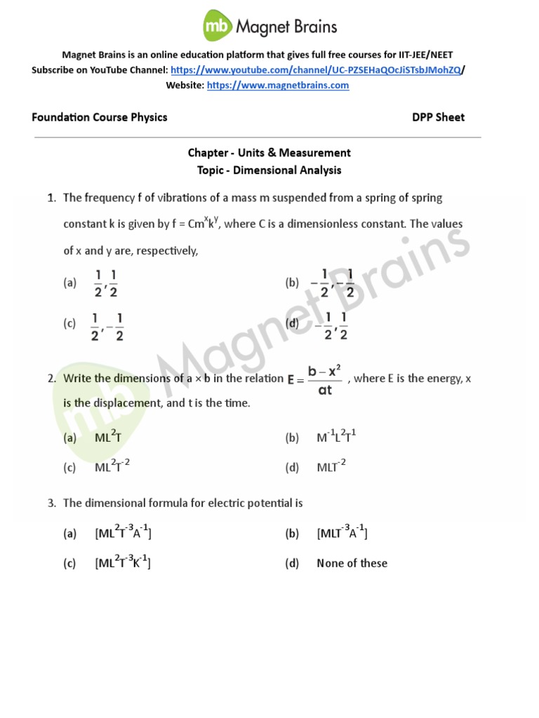 Foundation Course Physics - Units & Measurement - Dimensional Analysis DPP | PDF | Quantity ...