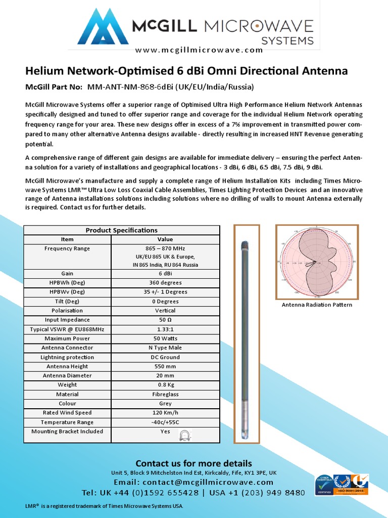 MM ANT NM 868 6dbi Datasheet 003 | PDF | Antenna (Radio) | Microwave