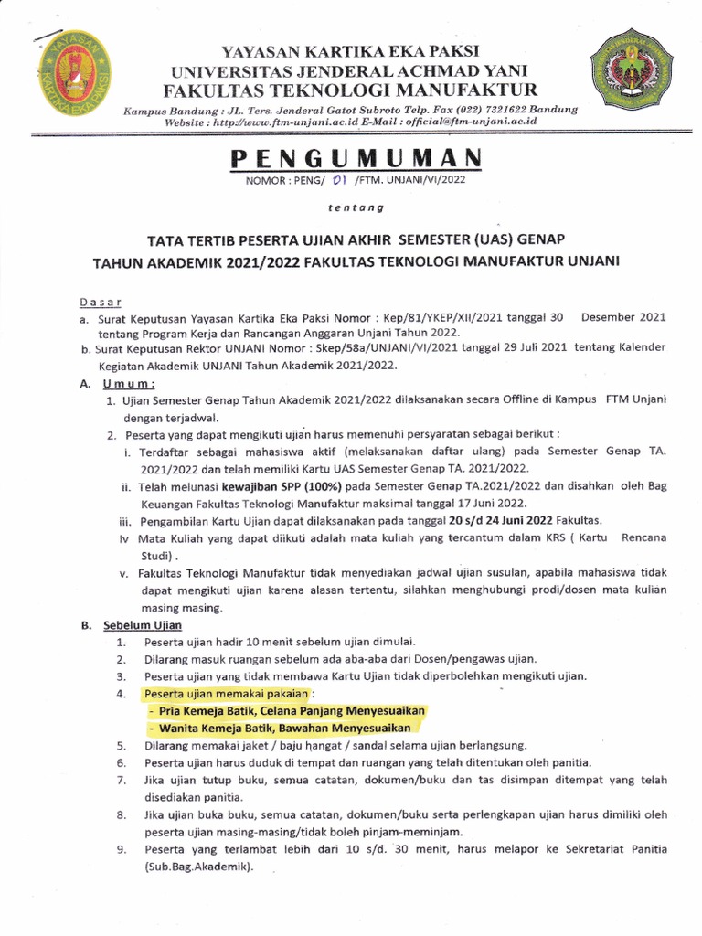 Pengumuman Tata Tertib Peserta UAS Genap TA. 2021-2022 Fakultas Teknologi Manufaktur Unjani | PDF