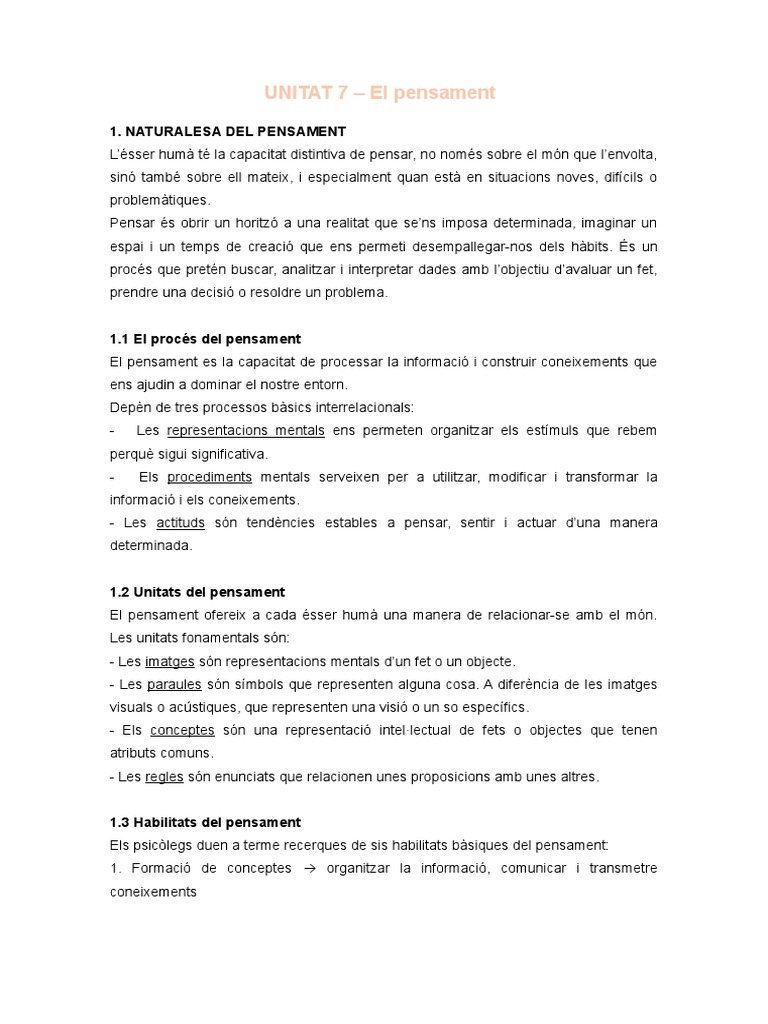 Resum Unitat 7 - El Pensament (Punts 1 I 2) | PDF