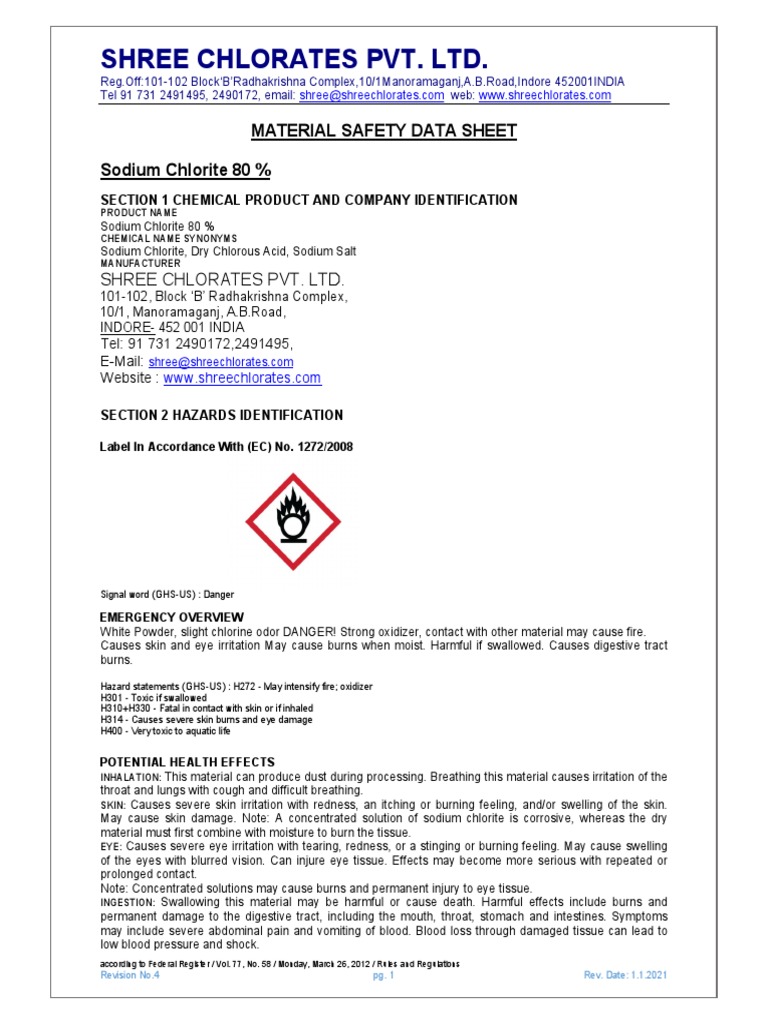 MSDS 80% | PDF | Chlorine | Chemistry