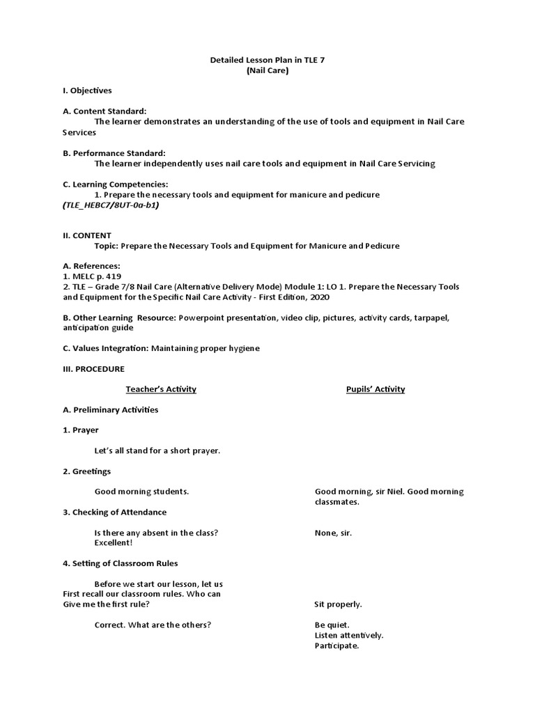 Detailed Lesson Plan in TLE 7 - Nail Care | PDF | Nail (Anatomy)