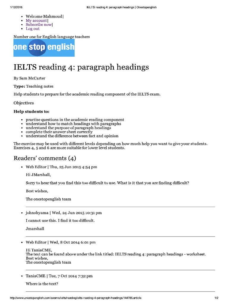 IELTS Reading 4 - Paragraph Headings - Onestopenglish | PDF