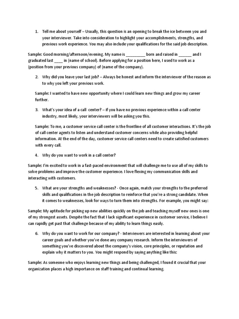 Sample Interview Questions For BPO | PDF | Experience | Learning